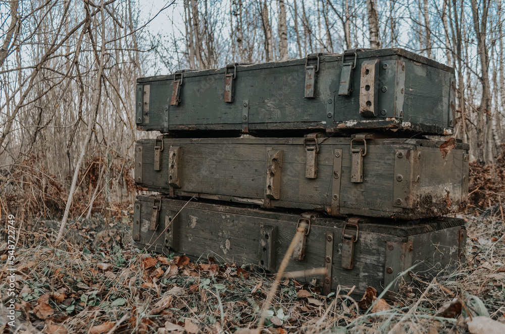 Weapon box. Box with weapons and ammunition in the forest. Old wooden ...