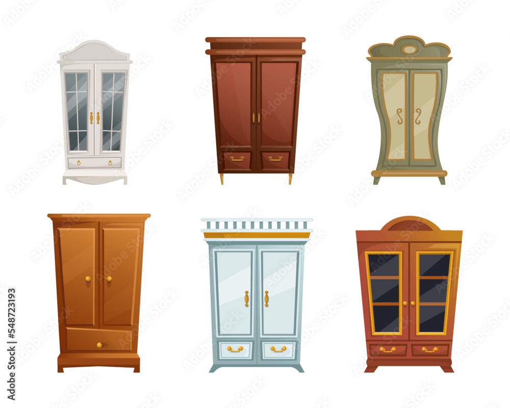 Vintage wardrobes vector illustrations set. Collection of cartoon ...