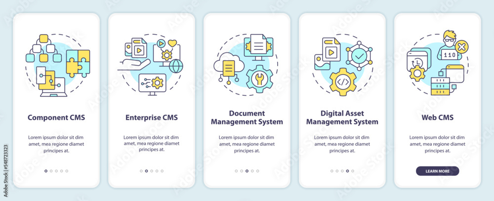 Content management systems types onboarding mobile app screen ...