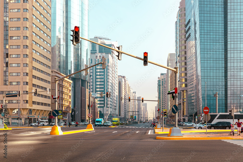 Abu Dhabi Streets and Skyscrapers. Tall Modern Glass Buildings in Abu ...