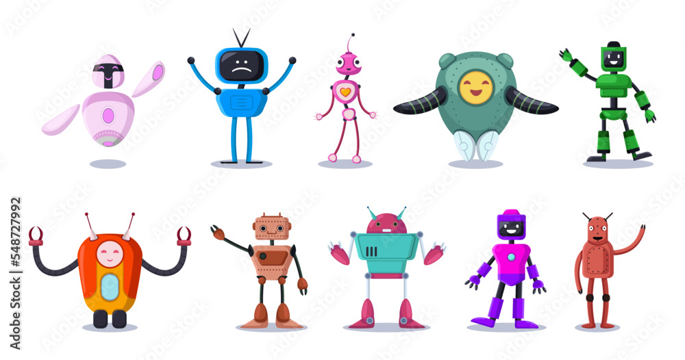 Cute comic robots of different shapes vector illustrations set ...