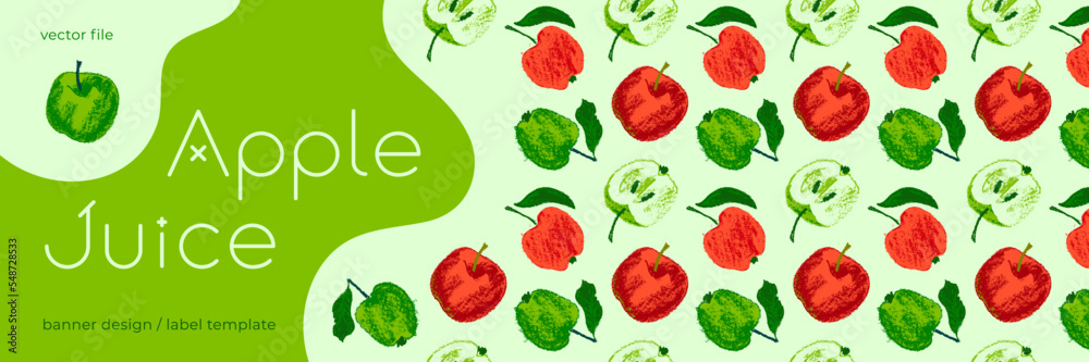 Vector fruit label templates. Vegan fruit banner, red apple background ...
