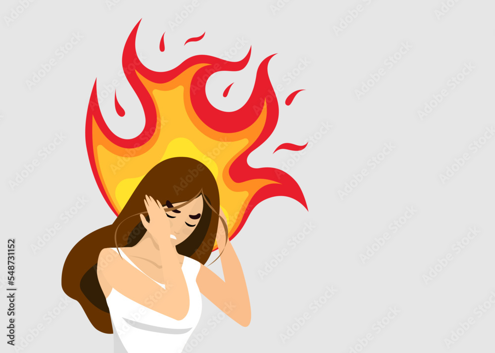 Angry woman with head on fire. Stressed furious businesswoman with ...