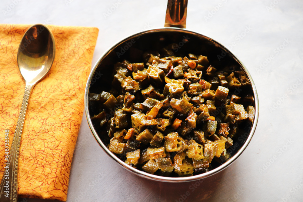 Bhindi Masala, stir-fried okra with Indian spices. Ladyfinger fry. Copy ...