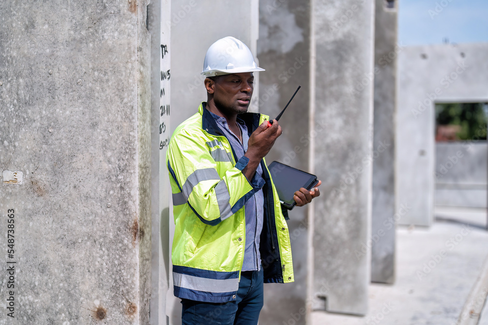 At building construction site engineer check quality precast concrete ...