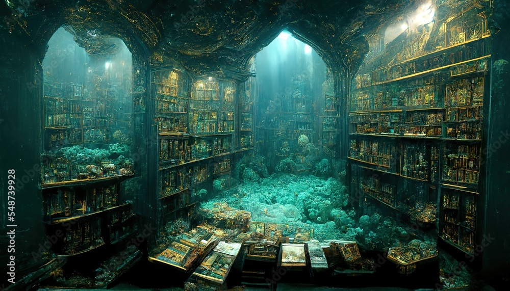 fantasy underwater deep ocean mysterious antiquity library background ...
