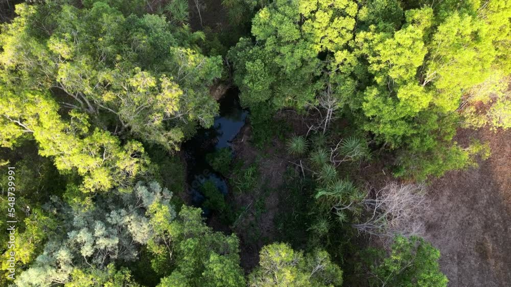 Drone aerial outback Australia Northern Territory creek. Native ...