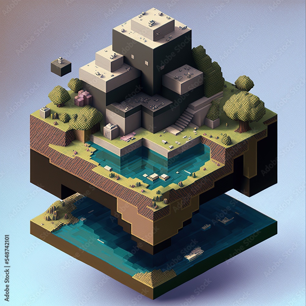 3D floating isometric Minecraft chunk. generative ai Stock Illustration ...