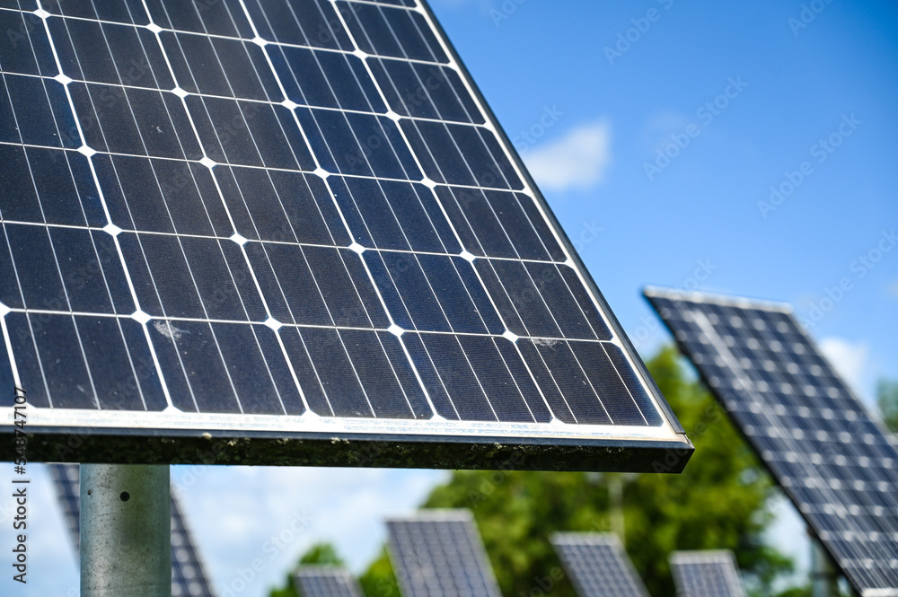 Solar cell plant. Solar energy farm. Solar panels. Producing clean ...