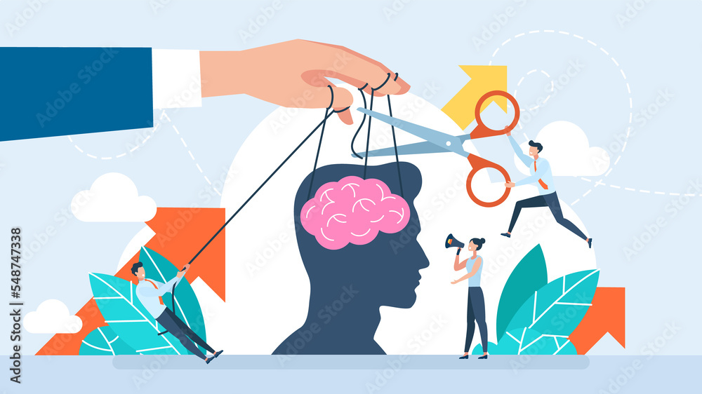 Freedom from manipulation, propaganda. Puppet master controlling man's ...