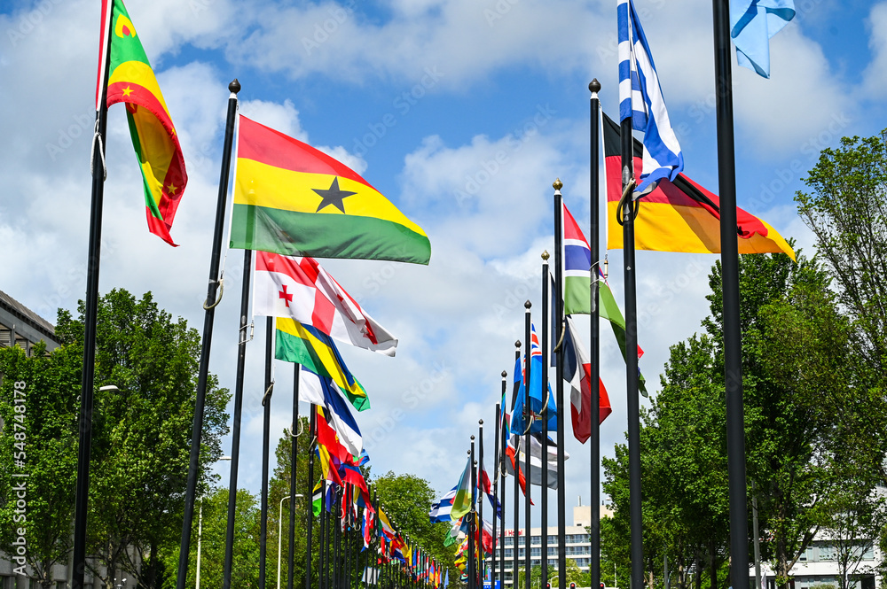 Flags of the World. A lot of different national flags on flagpole ...