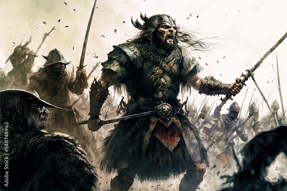 Fantasy artwork of a large epic battle between orc and men. Medieval ...