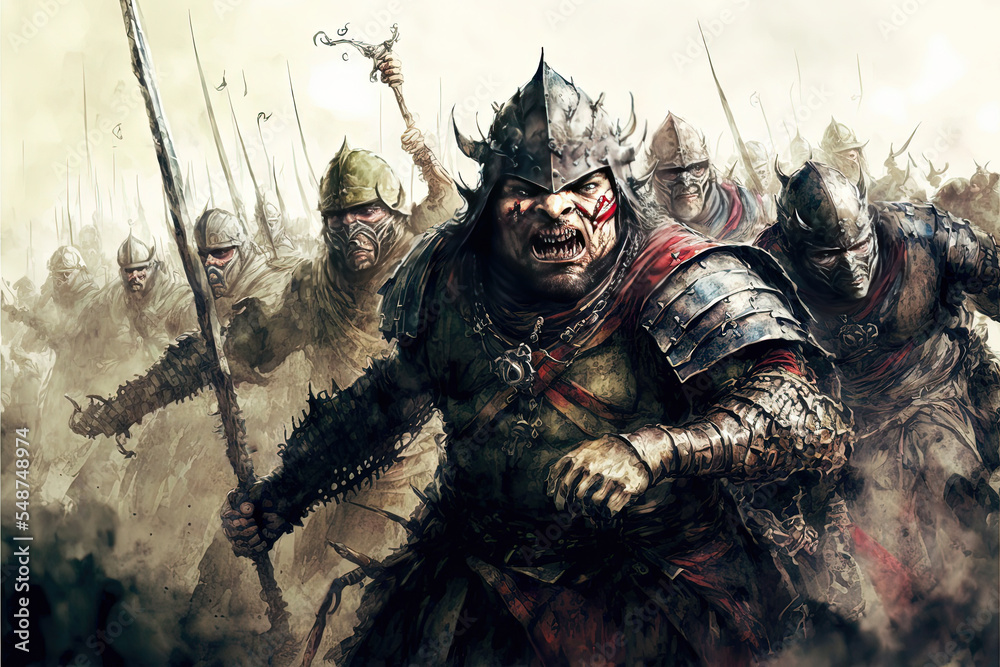 Fantasy artwork of a large epic battle between orc and men. Medieval ...