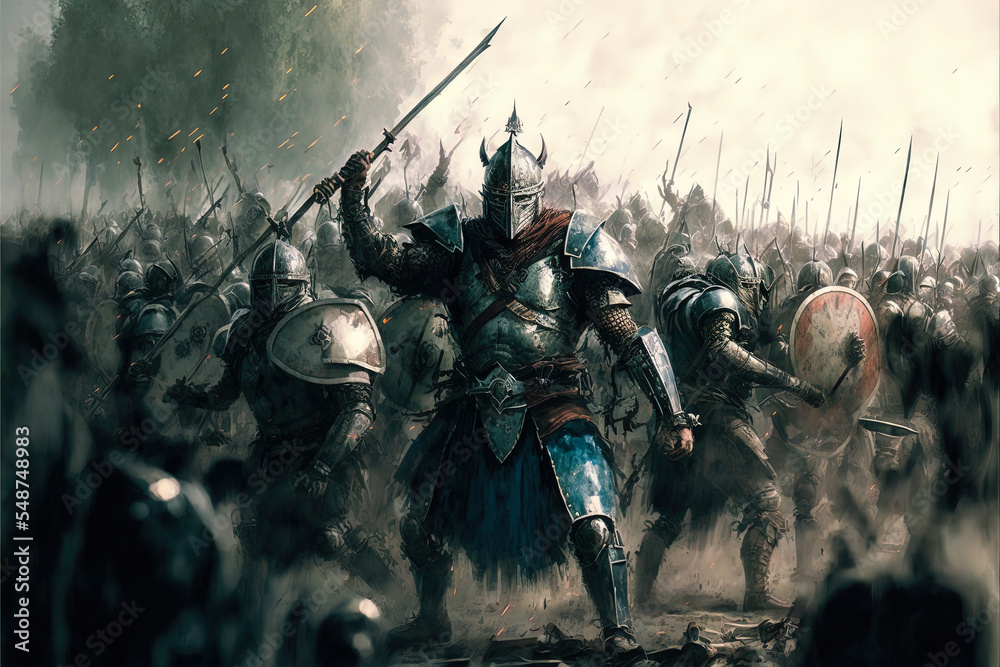 A crusader standing with a full armour about to fight in battle combat ...