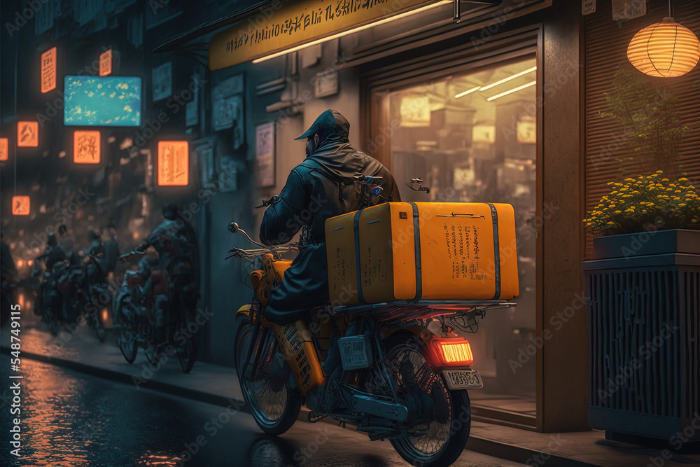 Illustrazione Stock A delivery driver on an e-bike, cycling in the rain ...