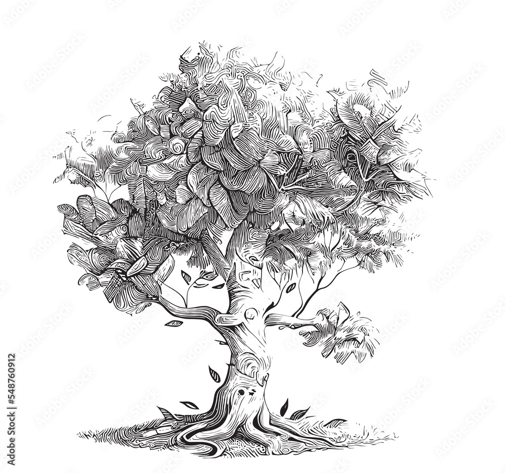 Tree of life sketch hand drawn line art Vector illustration. Stock ...