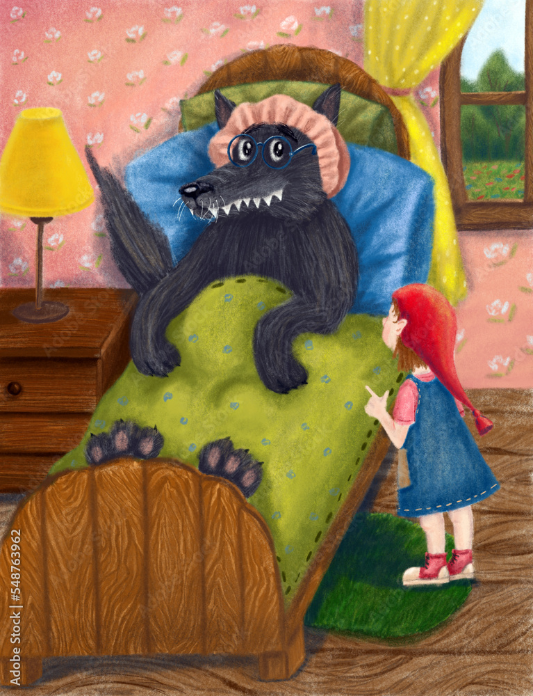 Fairy tale by Charles Perrault "Little Red Riding Hood". A wolf dressed ...