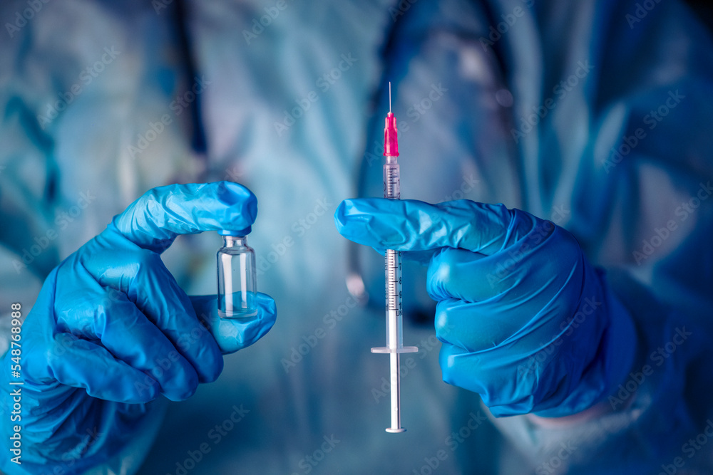 Medical hand glove blue vial vaccine hypodermic needle syringe ...