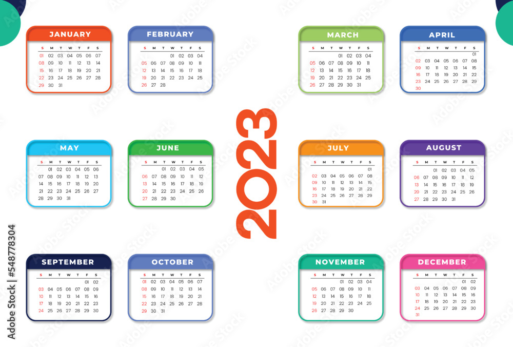 Calendar 2023 - vector illustration. Week starts on Sunday. Stock ...