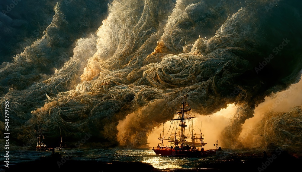 beautiful rococo painting of a water level view of turbulent swells of ...