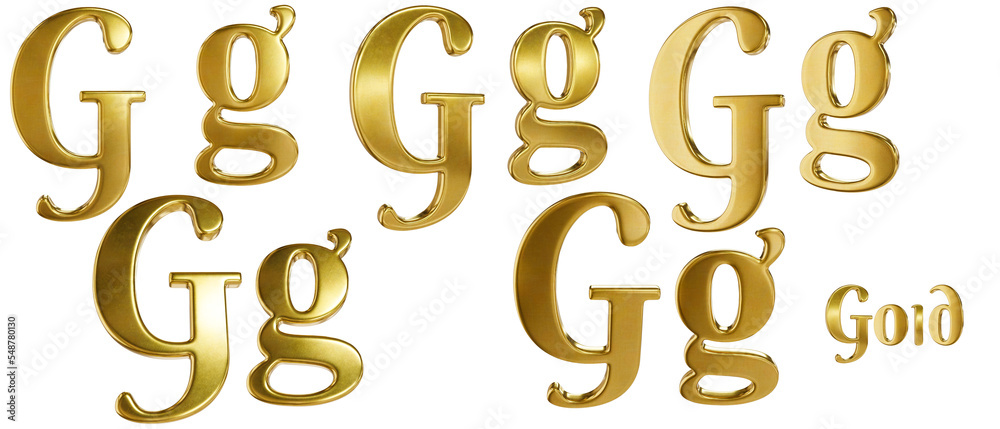 3D alphabet. Golden font with transparent background. Gold. Letter G, g ...