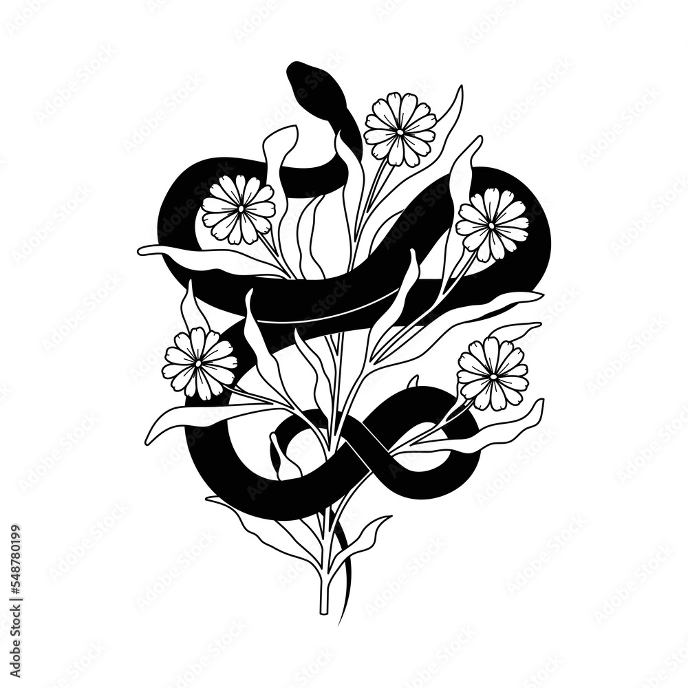 Hand drawn black wriggling snake and daisy flower magic print. Tattoo ...