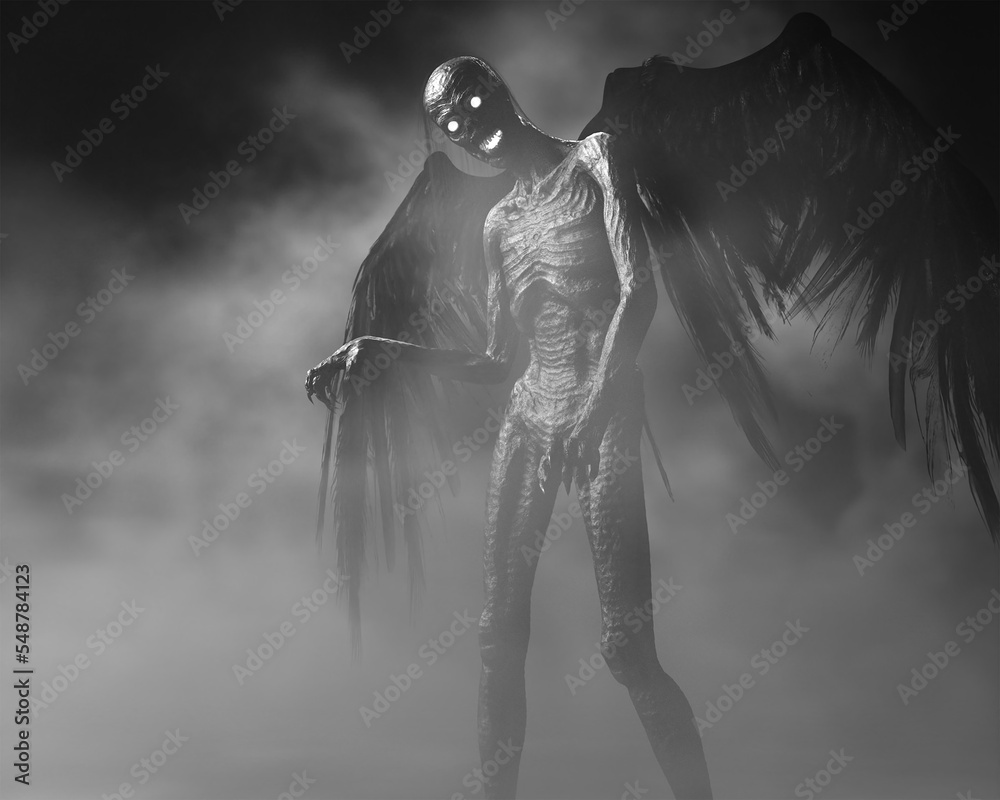 3d illustration of a sinister emaciated figure with wings and glowing ...