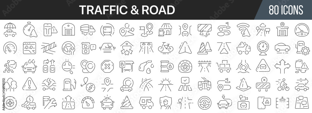 Traffic and road line icons collection. Big UI icon set in a flat ...