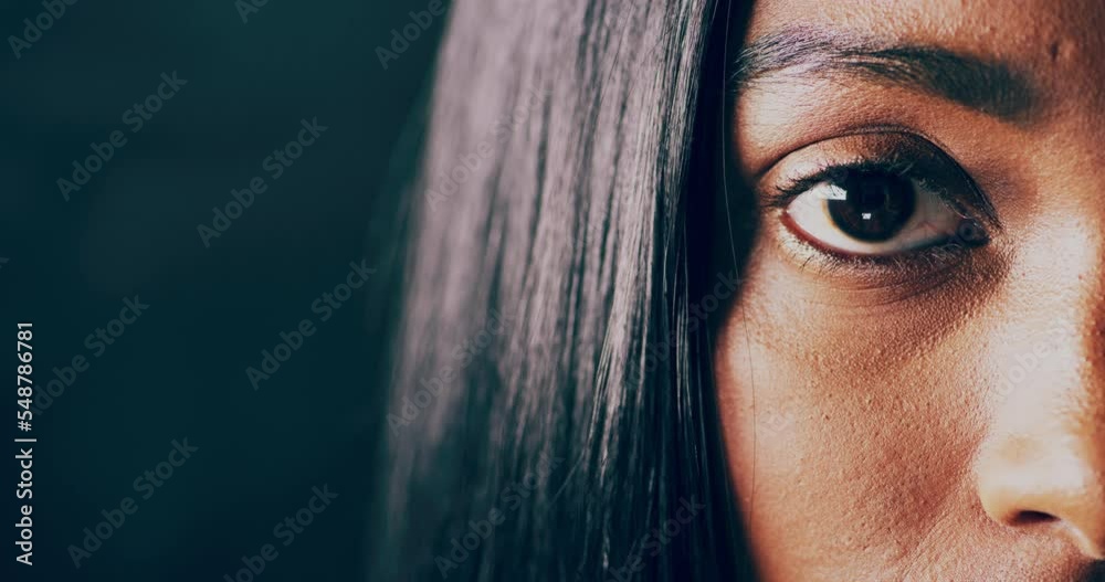 Vision, thinking and macro of woman eye on dark background for sight ...