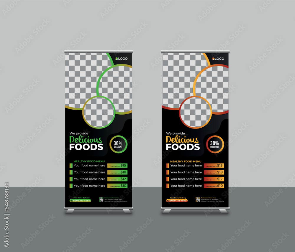 Food restaurant roll-up banner template or restaurant business ...