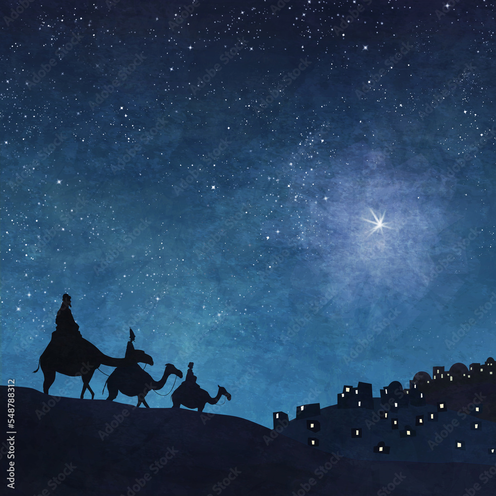Three kings (also known as the wise men or magi) follow the star of ...