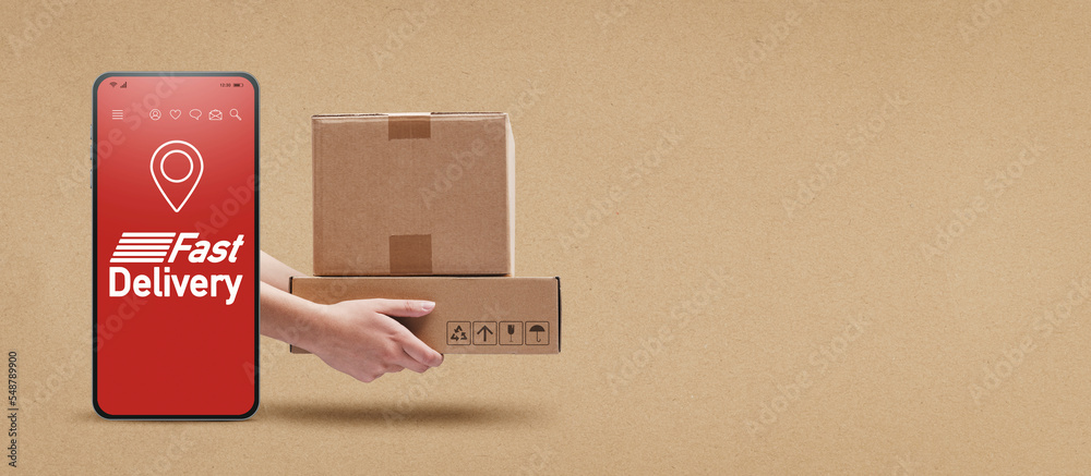 Fast delivery app on smartphone and courier Stock Photo | Adobe Stock