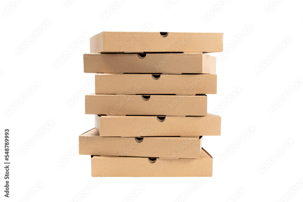 front view of stack brown pizza box isolated on white background with ...