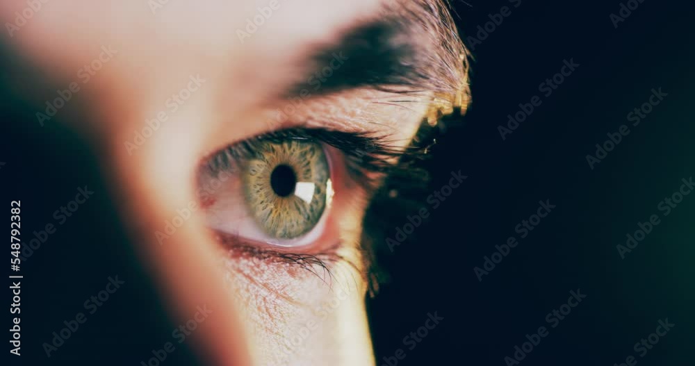 Man, eye and iris with vision for sight, focus and awareness against a ...