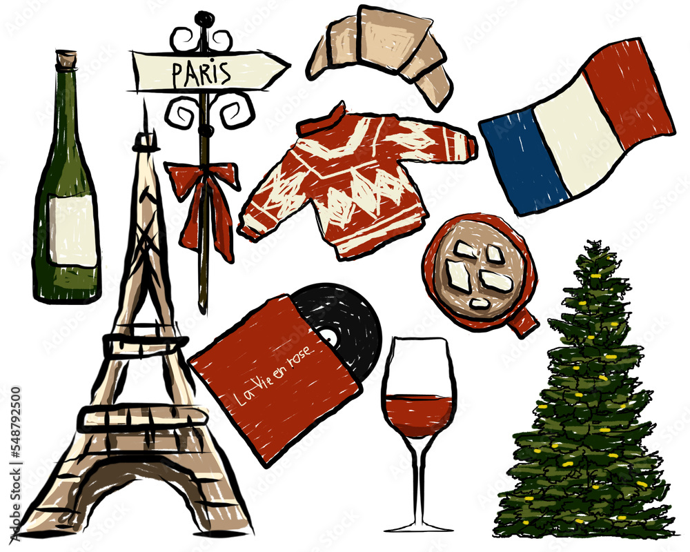 Christmas in Paris illustration, Christmas vector object set ...
