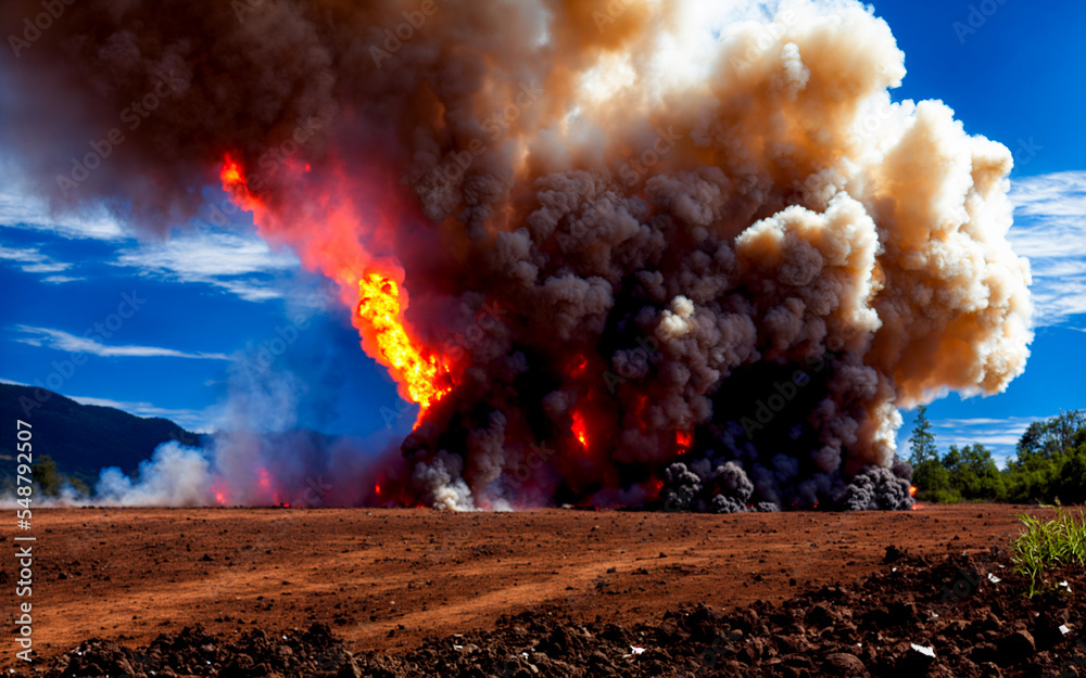 Massive fire and black smoke from conflict zone. Destruction caused by ...