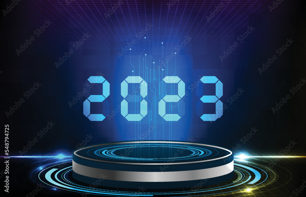 abstract background of blue futuristic 2023 digital number hud display ...