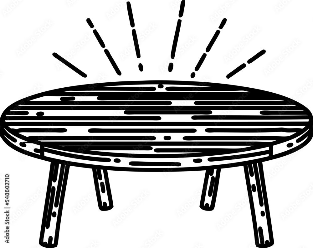 illustration of a traditional black outline tattoo style wood table ...