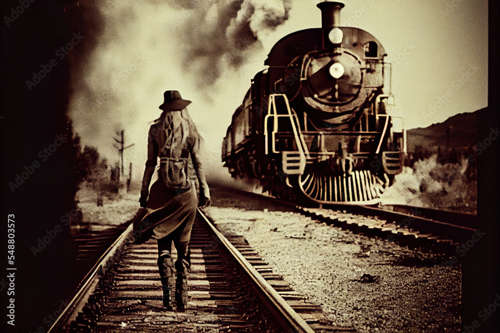 A 1970s era woman walking along up the railroad track towards an ...