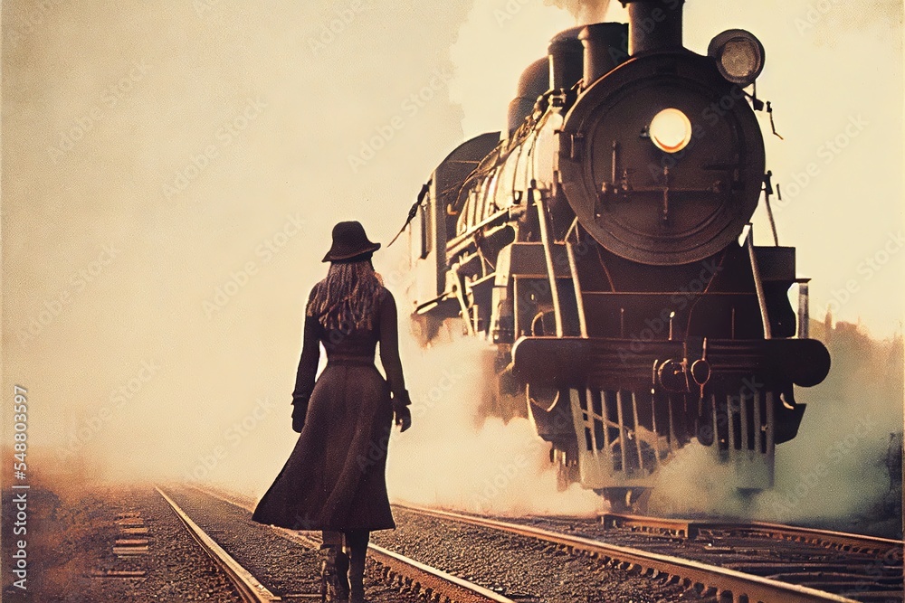A 1970s era woman walking along up the railroad track towards an ...
