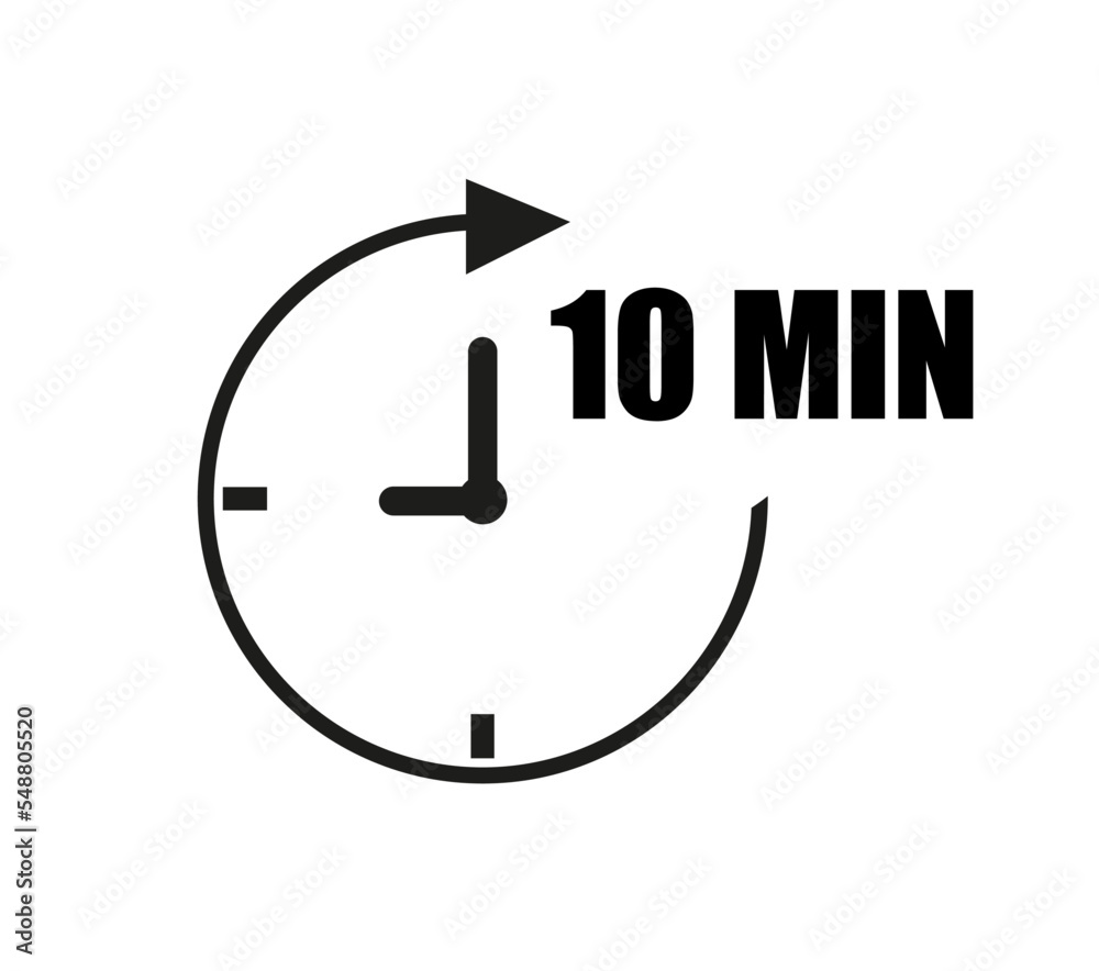10 minutes clock vector with pointer. Black clockwise arrow with white ...