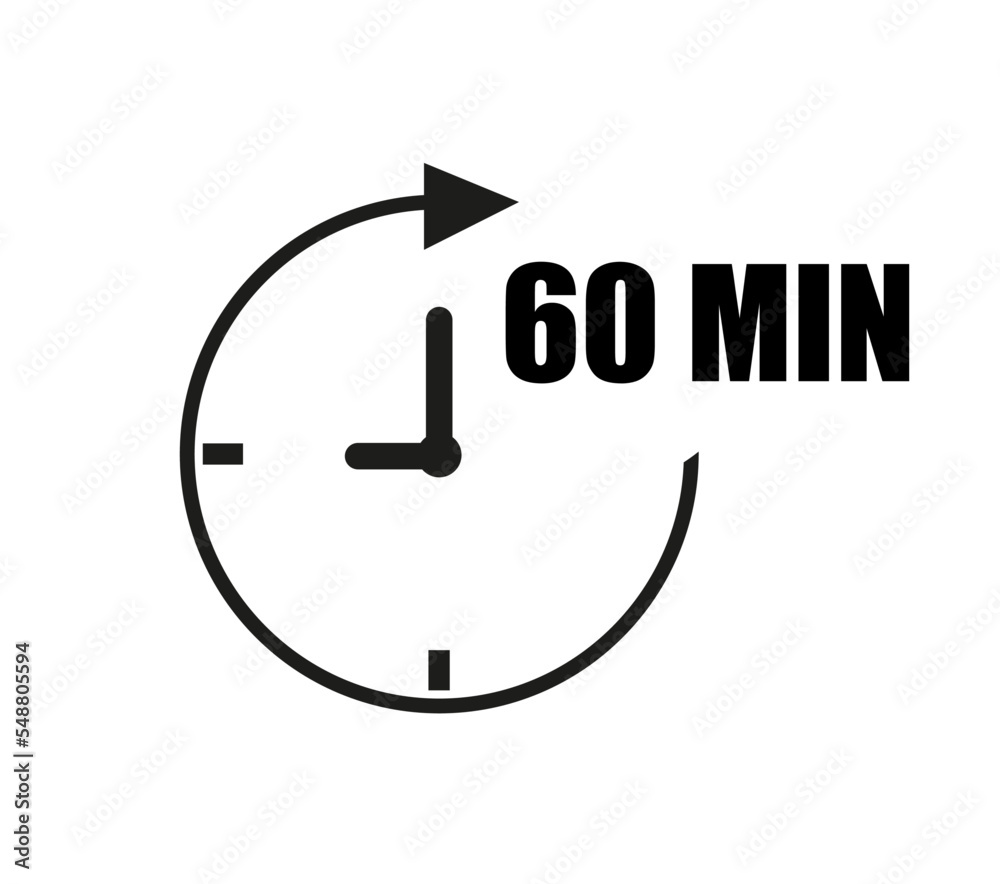 60 minutes clock vector with pointer. Black clockwise arrow with white ...