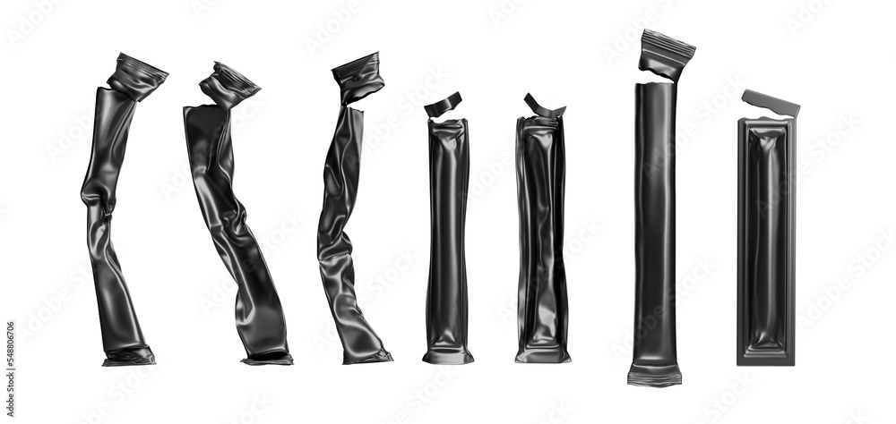 Black open sugar sticks, mockup used torn and crumpled sachets for ...