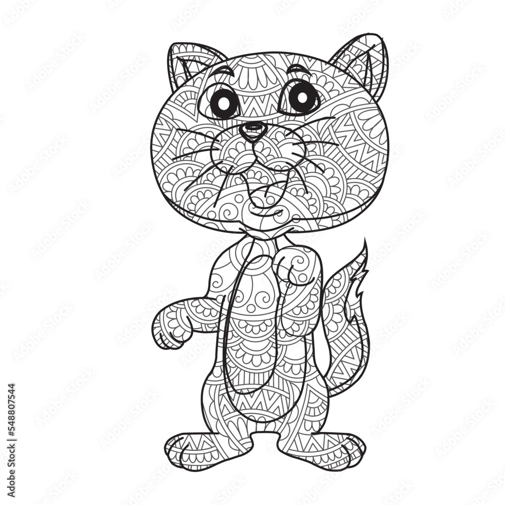 Zentangle cat mandala coloring page for adults christmas cat and floral ...