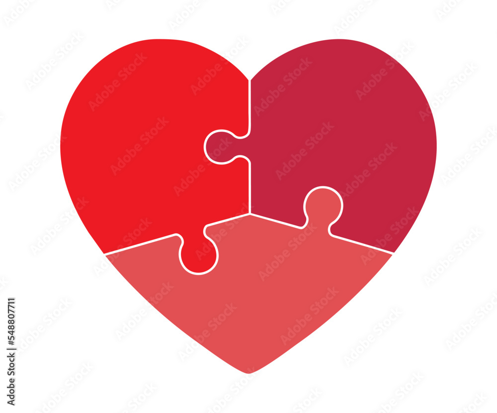 Red heart with three jigsaw pieces, puzzle pieces. Isolated on white ...