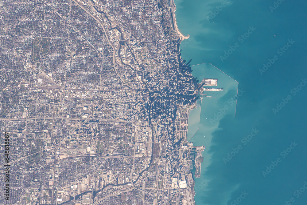 Aerial view of Chicago, Illinois as seen from space. Digitally enhanced ...