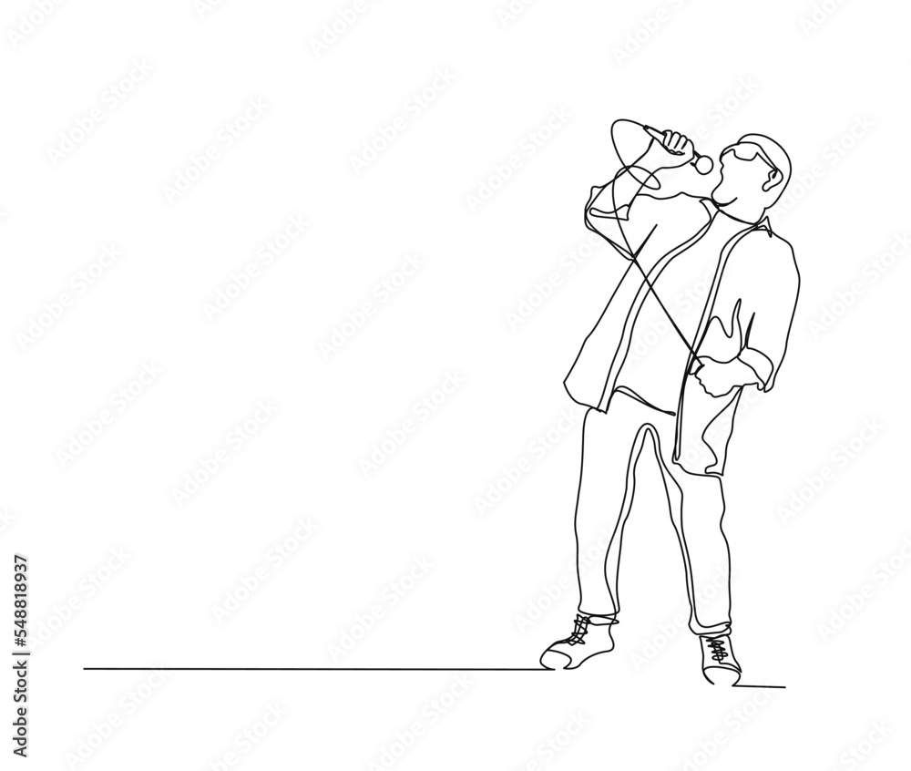 Continuous line drawing of man singing and holding microphone. Vocalist ...