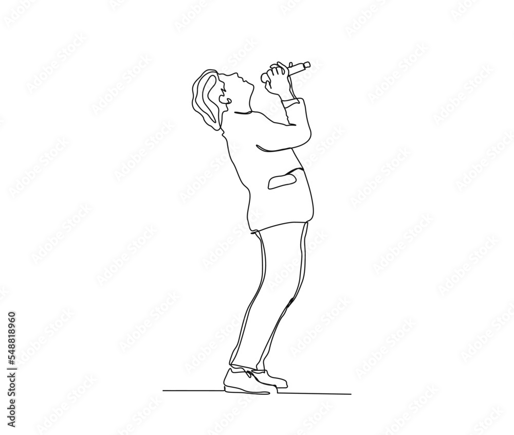 Continuous line drawing of man singing and holding microphone. Vocalist ...