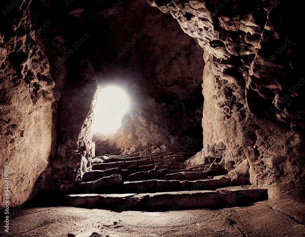Inside the stone tomb where Jesus died. Looking out the entrance into ...