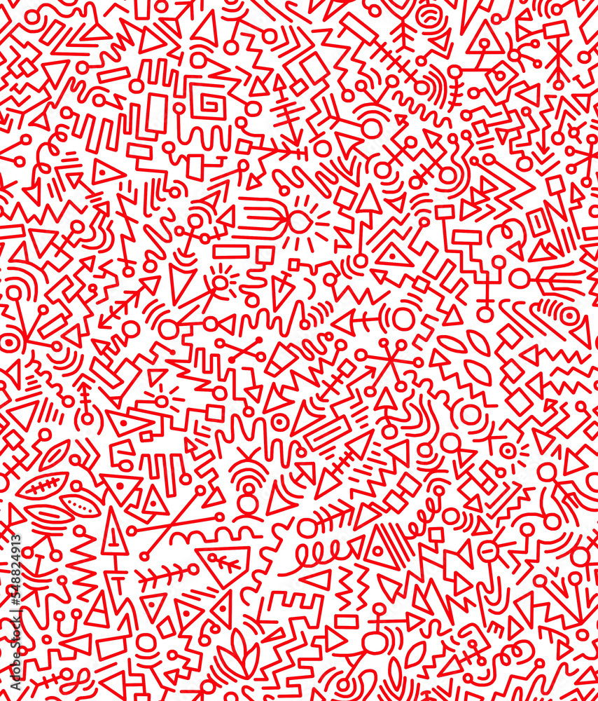 Abstract doodle drawing with red lines on a white background.Seamless ...